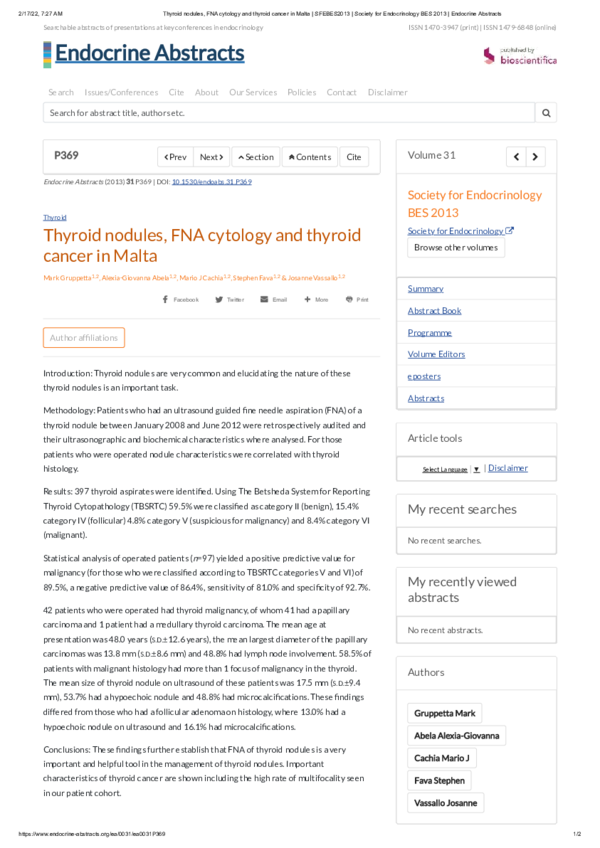 (PDF) Thyroid nodules, FNA cytology and thyroid cancer in Malta
