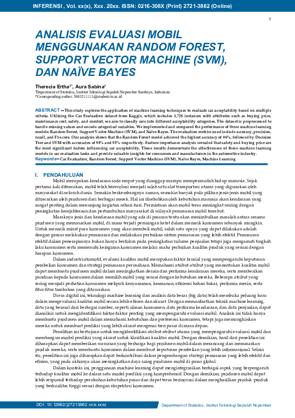 (PDF) ANALISIS EVALUASI MOBIL MENGGUNAKAN RANDOM FOREST, SUPPORT VECTOR ...
