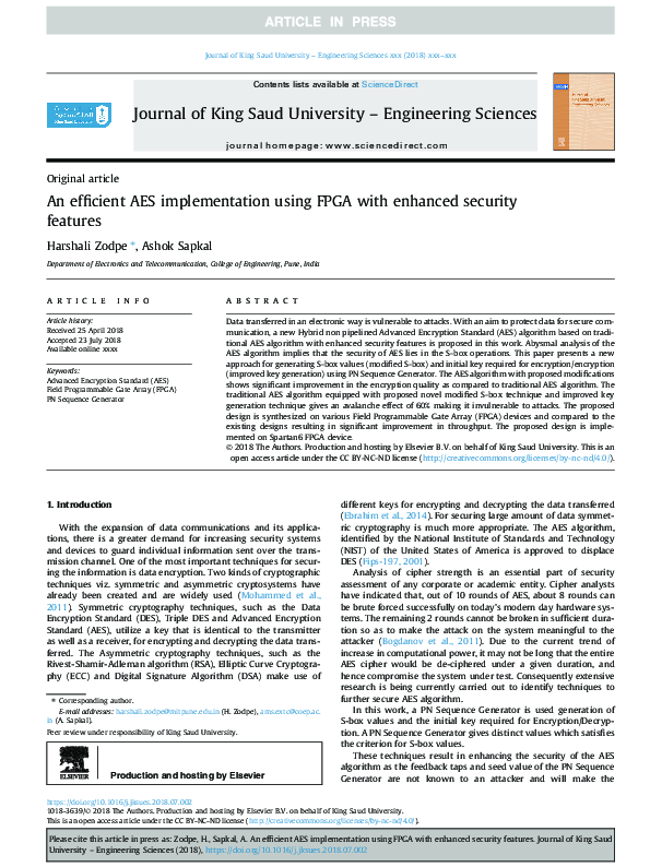Pdf An Efficient Aes Implementation Using Fpga With Enhanced Security Features