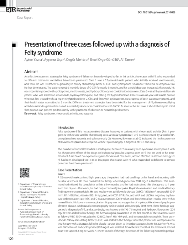 (PDF) Presentation of three cases followed up with a diagnosis of Felty ...