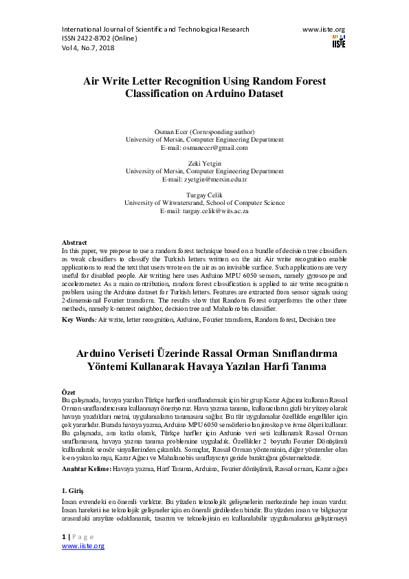 (PDF) Air Write Letter Recognition Using Random Forest Classification on Arduino Dataset