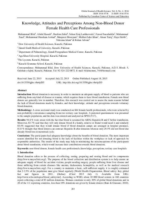 (PDF) Knowledge, attitudes and perceptions among non blood donor female health care professionals