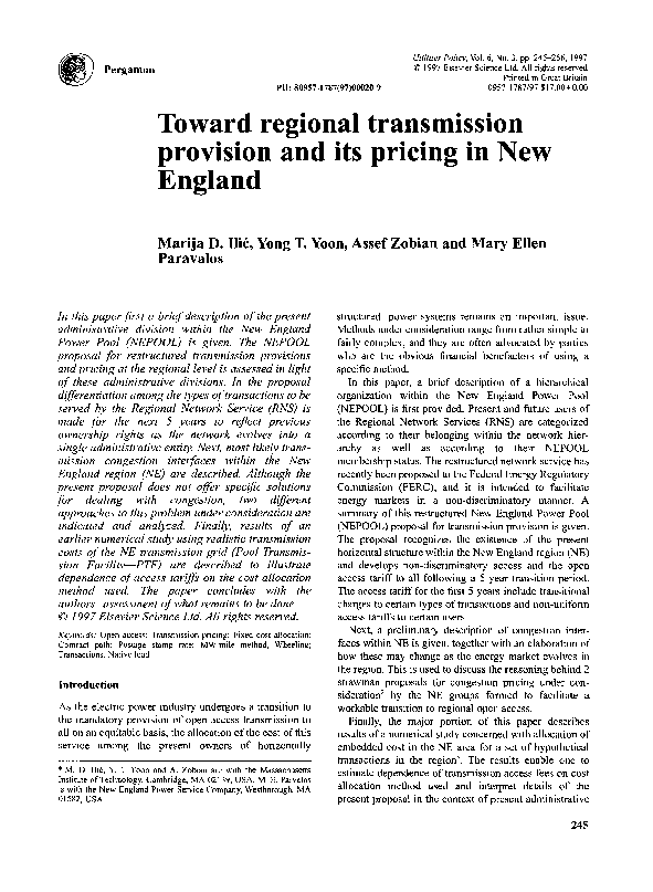 (PDF) Toward regional transmission provision and its pricing in New England