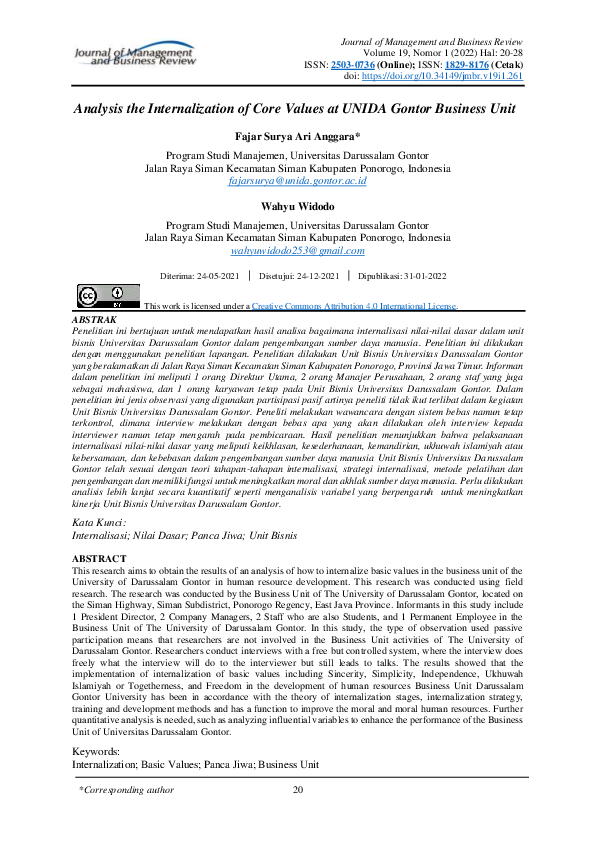 (PDF) Analysis the Internalization of Core Values at UNIDA Gontor ...