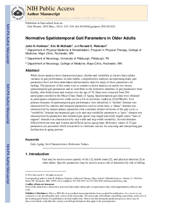 (PDF) Normative spatiotemporal gait parameters in older adults