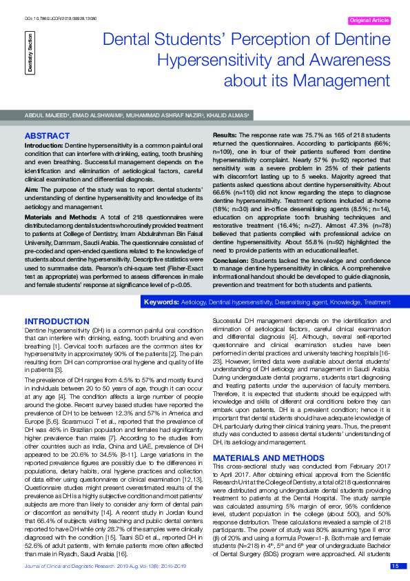 (PDF) Dental Students’ Perception of Dentine Hypersensitivity and ...