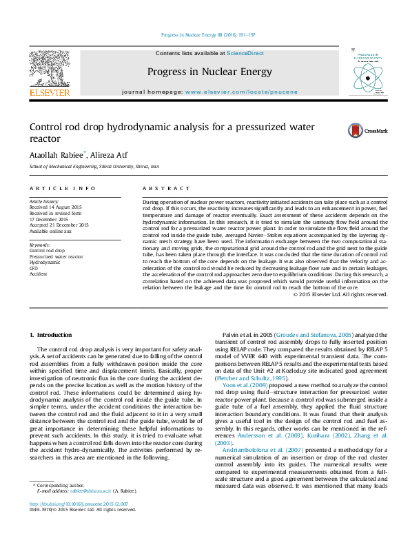 (PDF) Control rod drop hydrodynamic analysis for a pressurized water ...