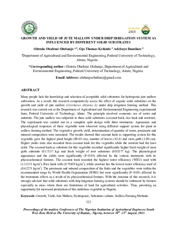 (PDF) GROWTH AND YIELD OF JUTE MALLOW UNDER DRIP IRRIGATION SYSTEM AS ...