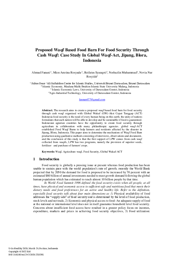 (PDF) Proposed Waqf Based Food Barn For Food Security Through Cash Waqf: Case Study In Global ...