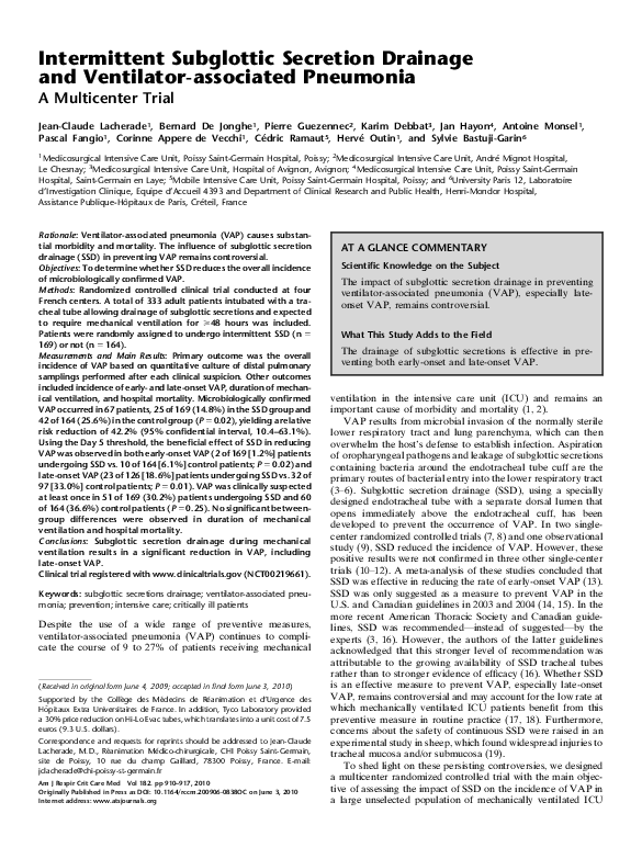 (PDF) Intermittent Subglottic Secretion Drainage and Ventilator ...