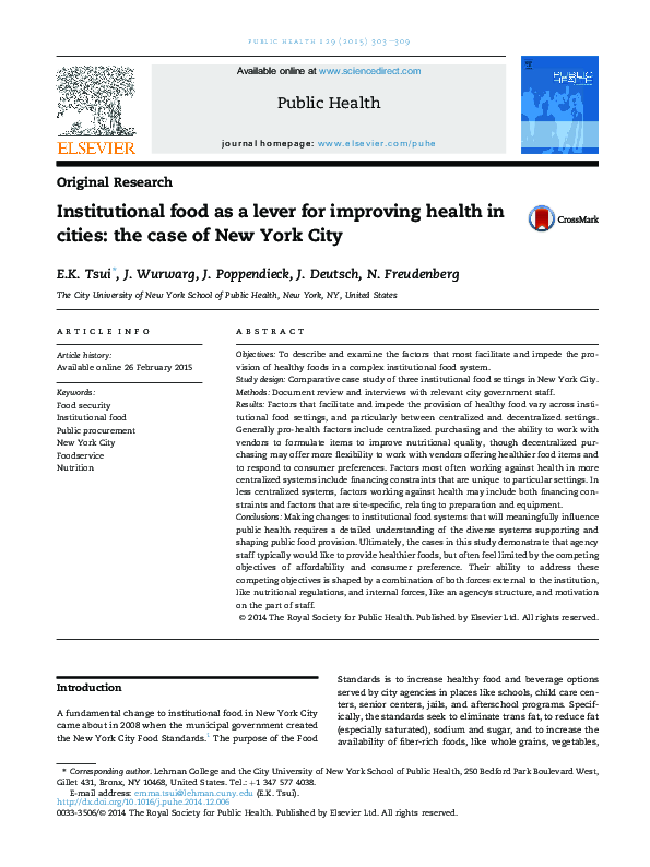 (PDF) Institutional food as a lever for improving health in cities: the ...