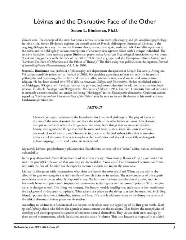 (PDF) Lévinas and the Disruptive Face of the Other