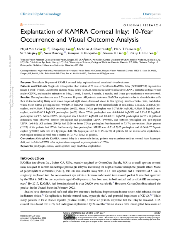 (PDF) Explantation of KAMRA Corneal Inlay: 10-Year Occurrence and ...