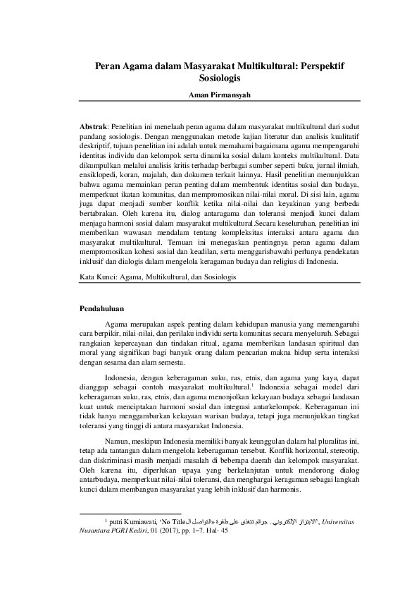 (PDF) Peran Agama dalam Masyarakat Multikultural: Perspektif Sosiologis
