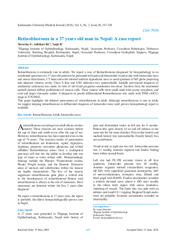 (PDF) Retinoblastoma in a 37 years old man in Nepal: A case report