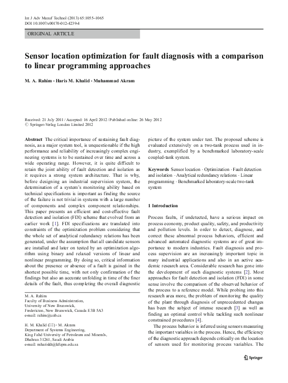 Pdf Sensor Location Optimization For Fault Diagnosis With A Comparison To Linear Programming