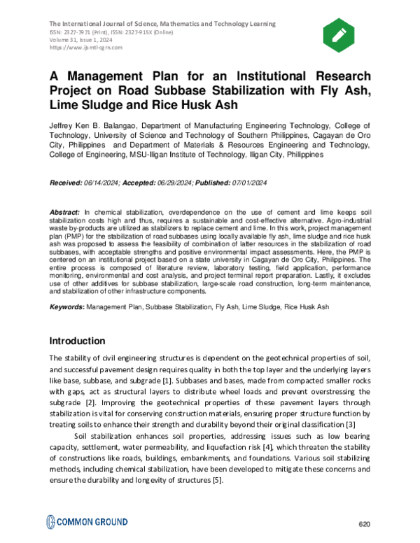 (PDF) A Management Plan for an Institutional Research Project on Road Subbase Stabilization with ...