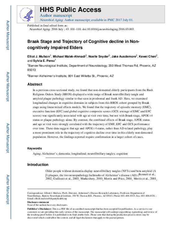 (PDF) Braak stage and trajectory of cognitive decline in noncognitively impaired elders