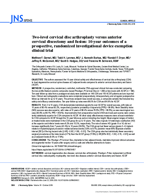 (PDF) Two-level cervical disc arthroplasty versus anterior cervical ...