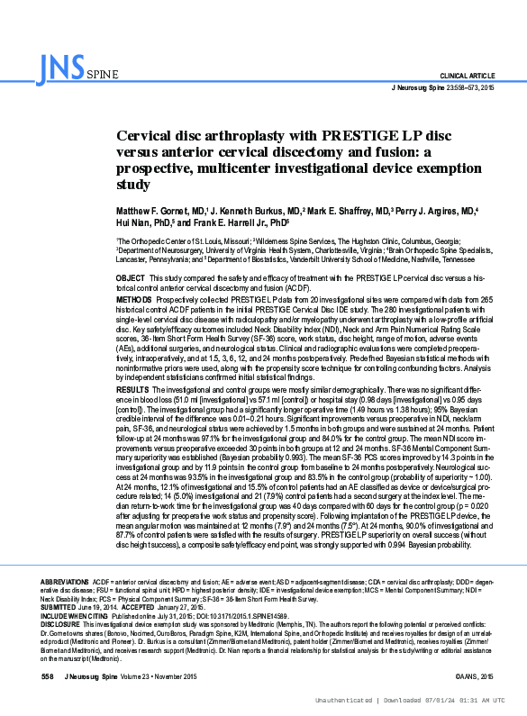 (PDF) Cervical disc arthroplasty with PRESTIGE LP disc versus anterior ...