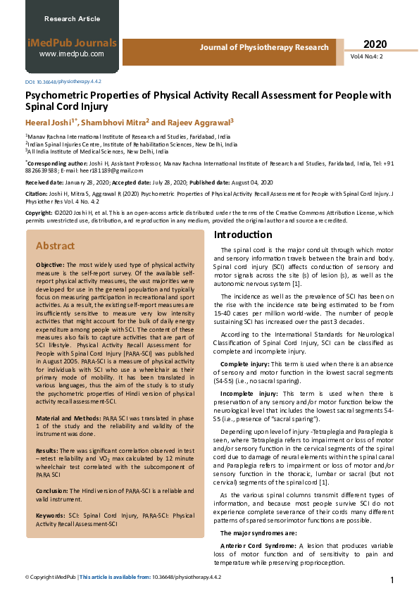 (PDF) Psychometric Properties of Physical Activity Recall Assessment for People with Spinal Cord ...