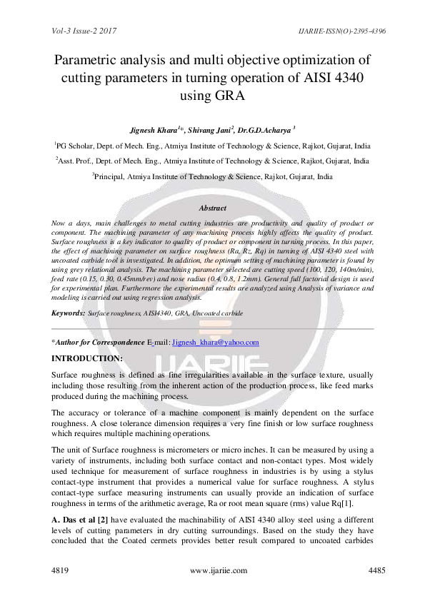 (PDF) Parametric analysis and multi objective optimization of cutting parameters in turning ...