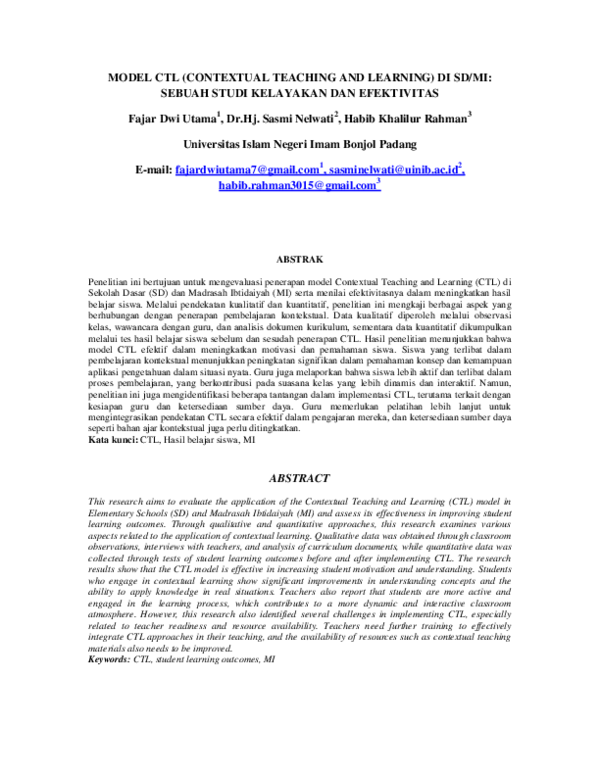 (PDF) MODEL CTL (CONTEXTUAL TEACHING AND LEARNING) DI SD/MI: SEBUAH STUDI KELAYAKAN DAN EFEKTIVITAS