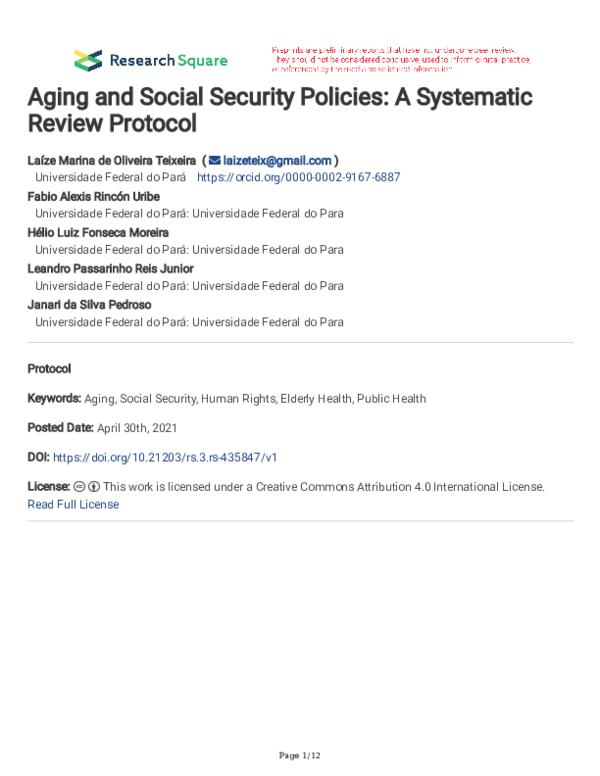 (PDF) Aging and Social Security Policies: A Systematic Review Protocol