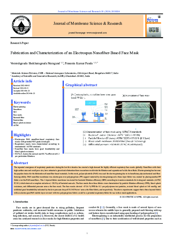 (PDF) Fabrication and Characterization of an Electrospun Nanofiber-Based Face Mask