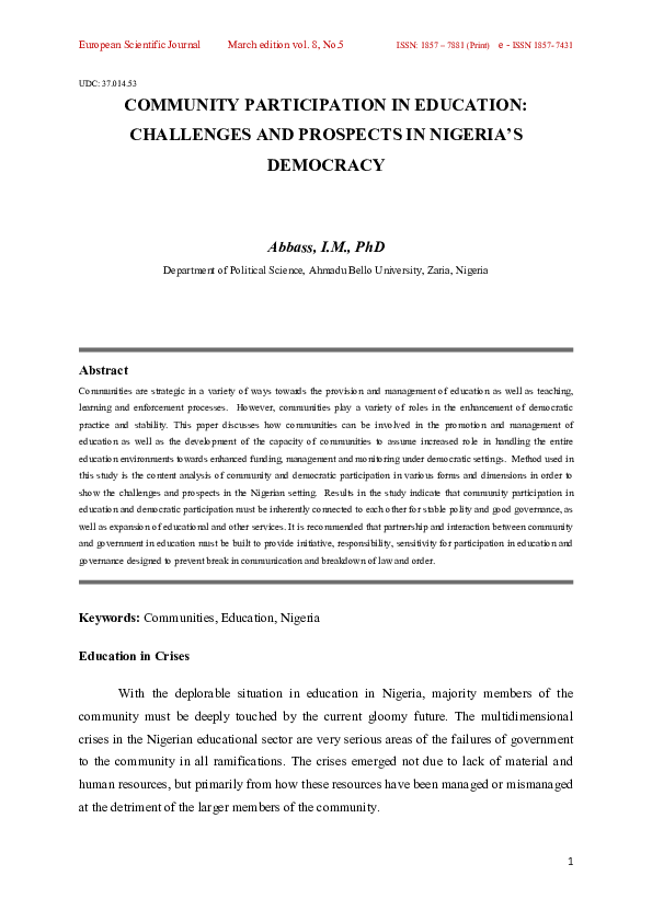 (PDF) Community Participation in Education: Challenges and Prospects in ...