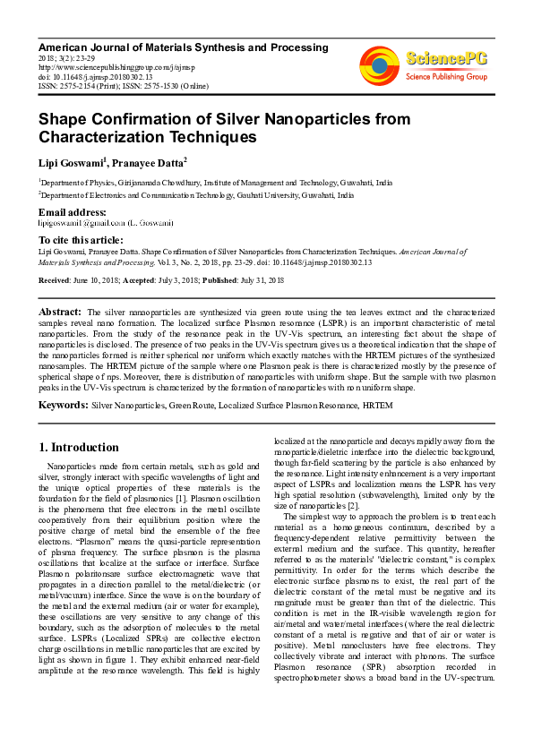 (PDF) Shape Confirmation of Silver Nanoparticles from Characterization Techniques