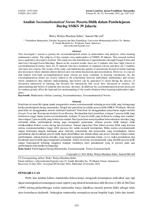 (PDF) Analisis Sociomathematical Norms Peserta Didik dalam Pembelajaran ...