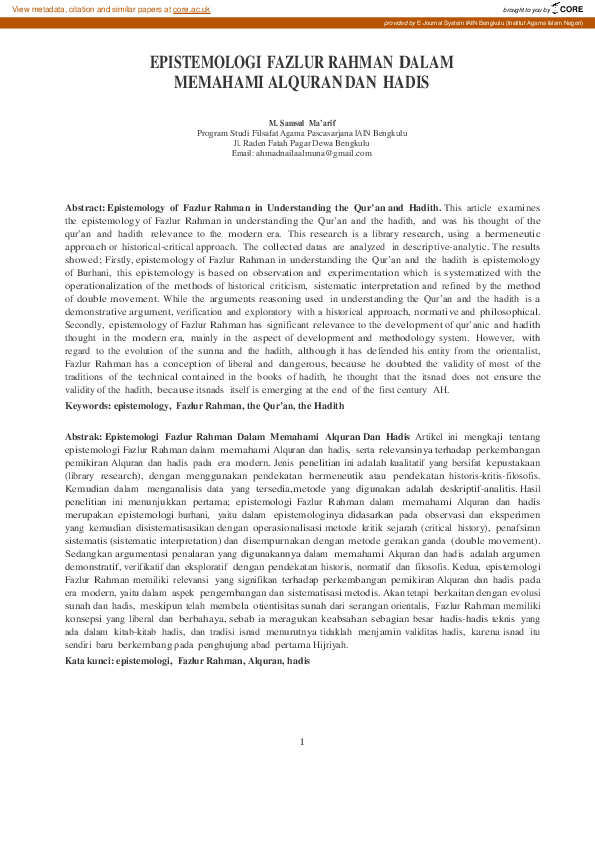 (PDF) Epistemologi Fazlur Rahman Dalam Memahami Alquran Dan Hadis