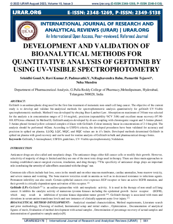 (PDF) DEVELOPMENT AND VALIDATION OF BIOANALYTICAL METHODS FOR QUANTITATIVE ANALYSIS OF GEFITINIB ...