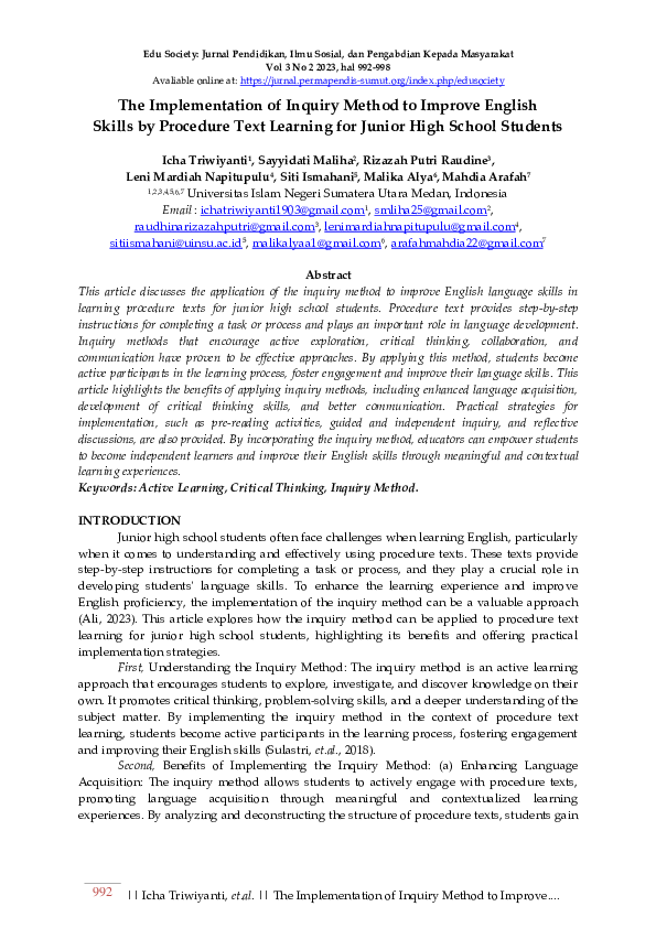 (PDF) The Implementation of Inquiry Method to Improve English Skills by Procedure Text Learning ...
