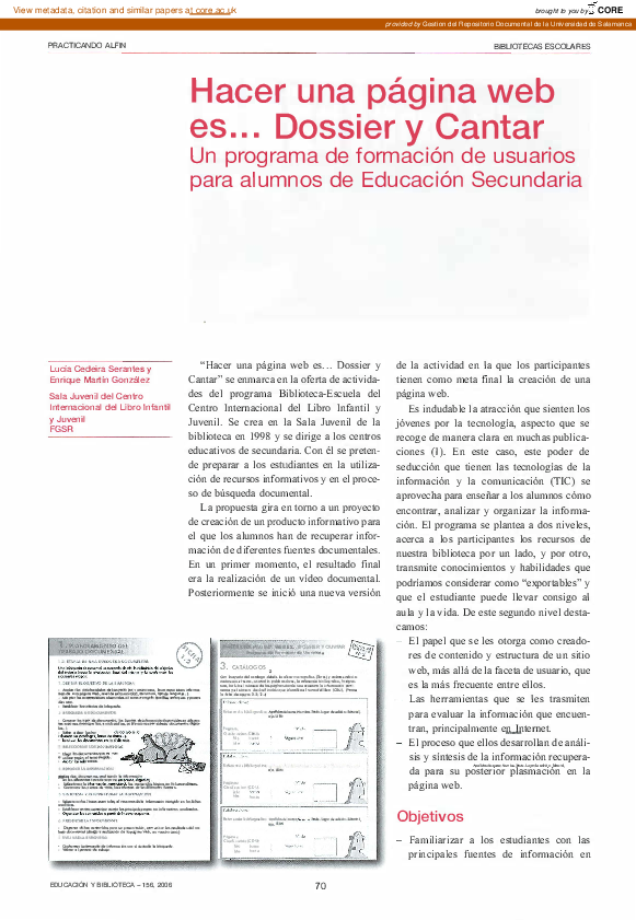(PDF) Bibliotecas escolares: hacer una página web es...dossier y cantar, un programa de ...