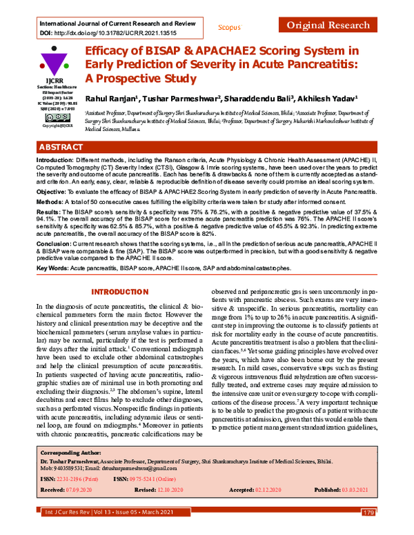 (PDF) Efficacy of BISAP & APACHAE2 Scoring System in Early Prediction of Severity in Acute ...
