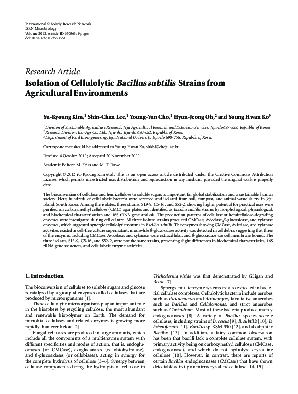 (PDF) Isolation of Cellulolytic Bacillus subtilis Strains from Agricultural Environments