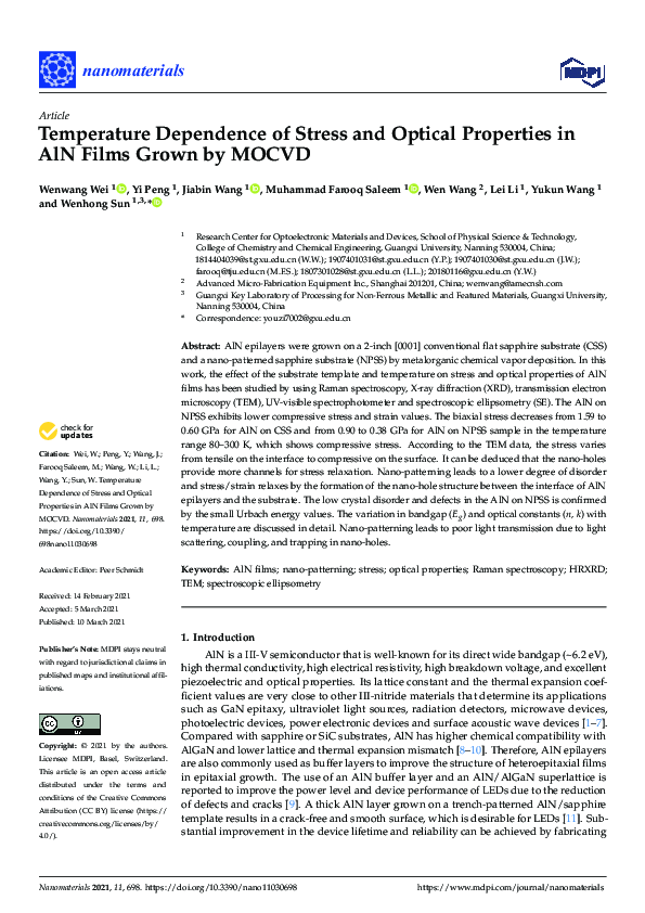 (PDF) Temperature Dependence of Stress and Optical Properties in AlN Films Grown by MOCVD