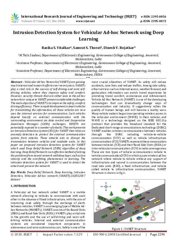 (PDF) Intrusion Detection System for Vehicular Ad-hoc Network using Deep Learning
