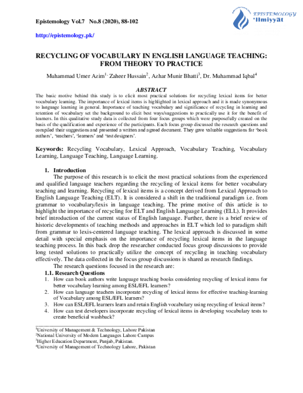 (PDF) Recycling of Vocabulary in English Language Teaching: From Theory ...