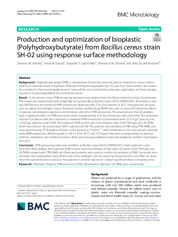 (PDF) Production and optimization of bioplastic (Polyhydroxybutyrate) from Bacillus cereus ...