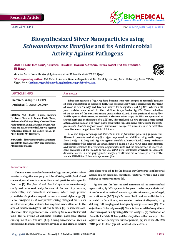 (PDF) Biosynthesized Silver Nanoparticles using Schwanniomyces Vanrijiae and its Antimicrobial ...