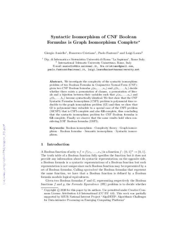 (PDF) Syntactic Isomorphism of CNF Boolean Formulas is Graph Isomorphism Complete