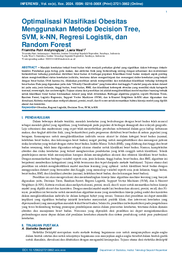 (PDF) Optimalisasi Klasifikasi Obesitas Menggunakan Metode Decision Tree, SVM, k-NN, Regresi ...