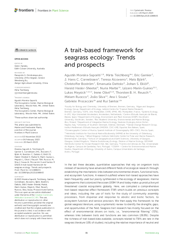(PDF) A trait-based framework for seagrass ecology: Trends and prospects