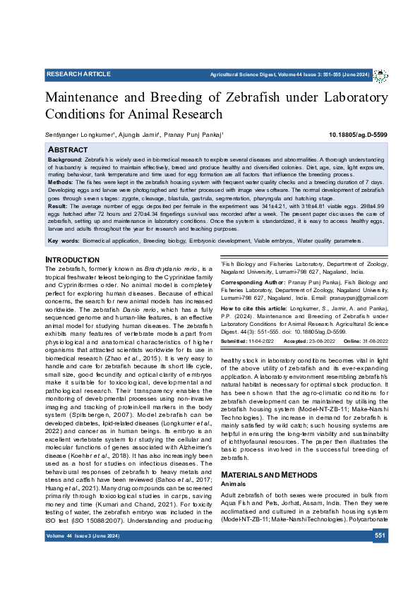 (PDF) Maintenance and Breeding of Zebrafish under Laboratory Conditions ...