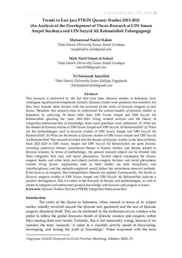 (PDF) Trends in East Java PTKIN Quranic Studies 2021-2023: an analysis of the development of ...