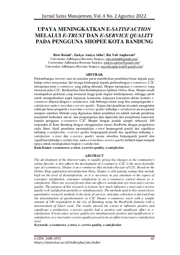 (PDF) Upaya Meningkatkan E-Satisfaction Melalui E-Trust Dan E-Service Quality Pada Pengguna ...