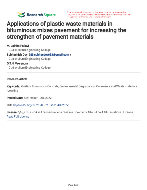 (PDF) Applications of plastic waste materials in bituminous mixes ...